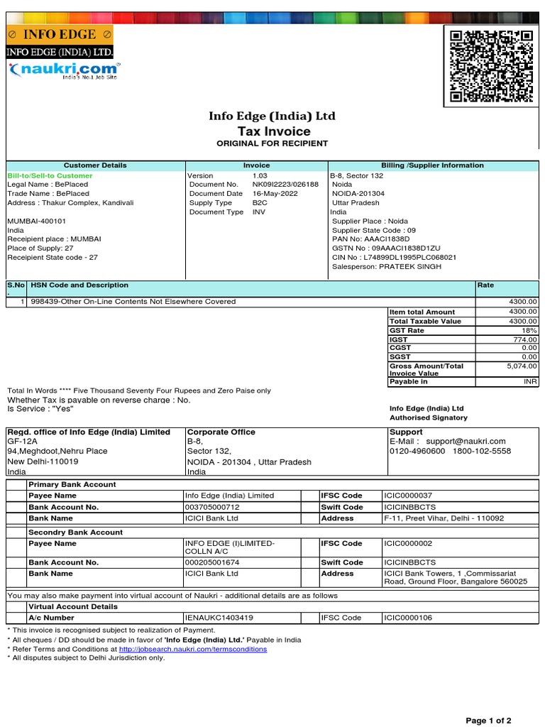 Info Edge (India) LTD: Tax Invoice | PDF | Payments | Taxation
