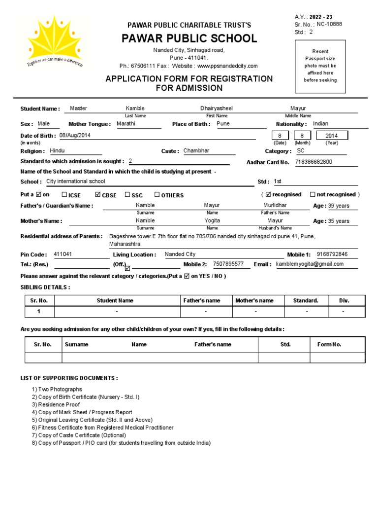 Pawar Public School: Application Form For Registration For Admission | PDF