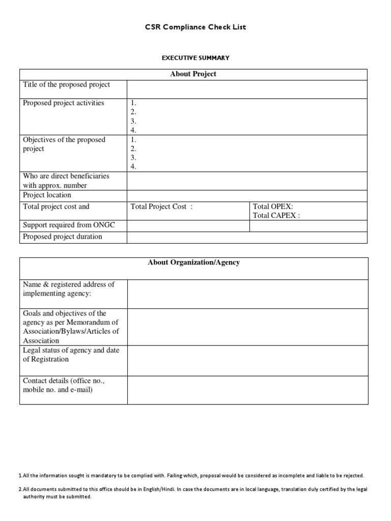 CSR Compliance Check List: Executive Summary | PDF | Banks | Corporate ...