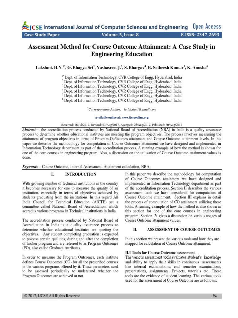 Assessment Method For Course Outcome Attainment: A Case Study in Engineering Education | PDF ...