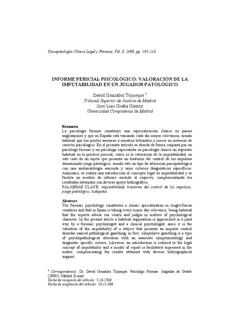 Ejem Informe Pericial Psicologico | PDF | Problemas de juego | Ciencias del comportamiento