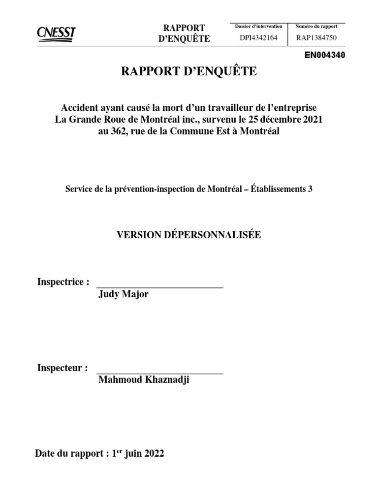CNESST Report Death of Worker From La Grande Roue de Montreal | PDF