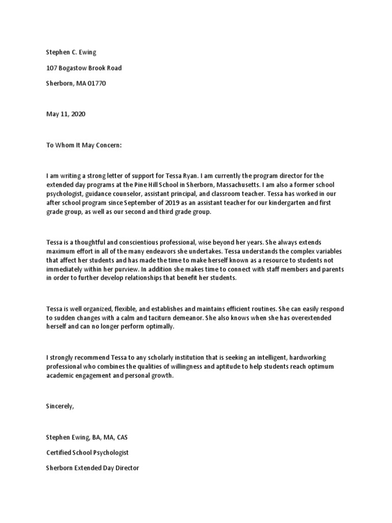 Tessa Ryan Letter of Recommendation | PDF