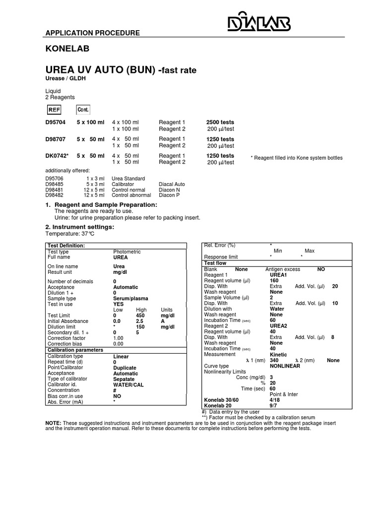 Urea Uv Auto (Bun) - : Konelab Fast Rate | PDF | Litre | Calibration