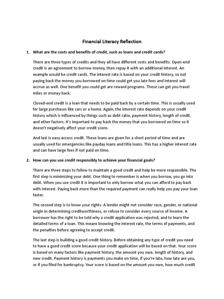 Financial Literacy Reflection Final | PDF | Finance & Money Management ...