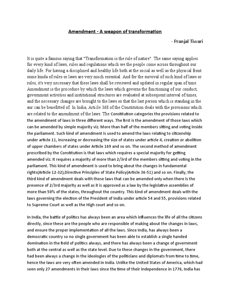 Article On Politics of Amendment in India by Pranjal Tiwari | PDF ...