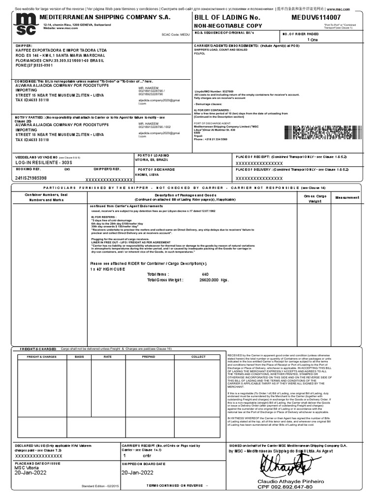 Conhecimento de Embarque. | PDF | Bill Of Lading | Cargo