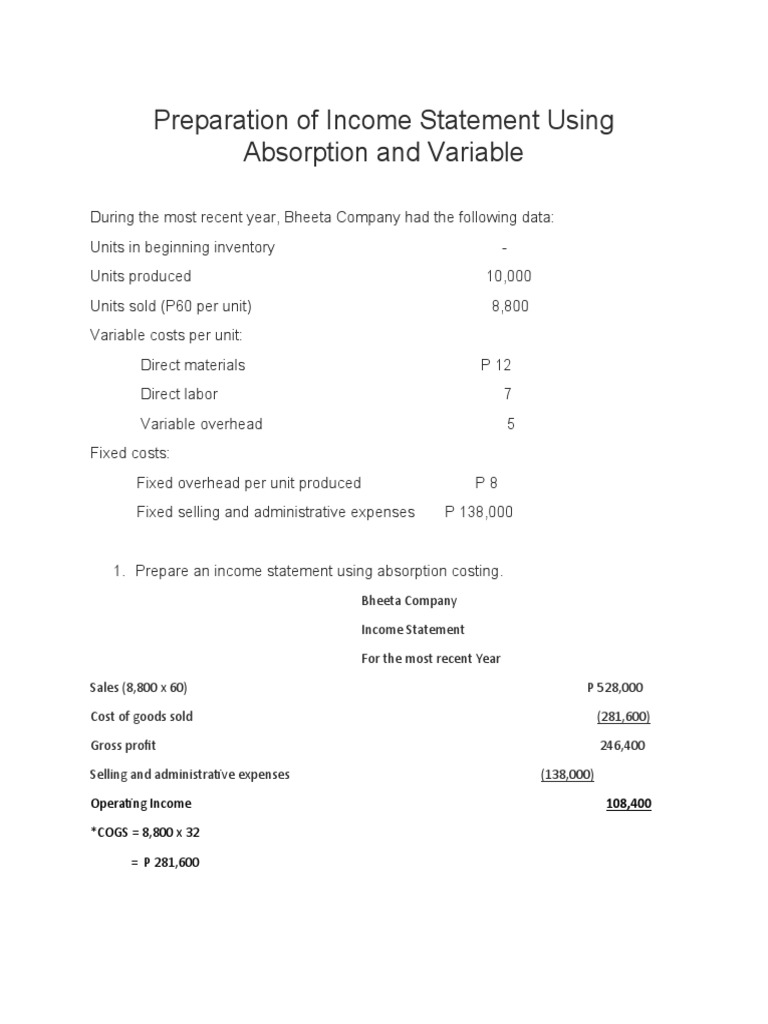 Preparation of Income Statement Using Absorption and Variable | PDF ...