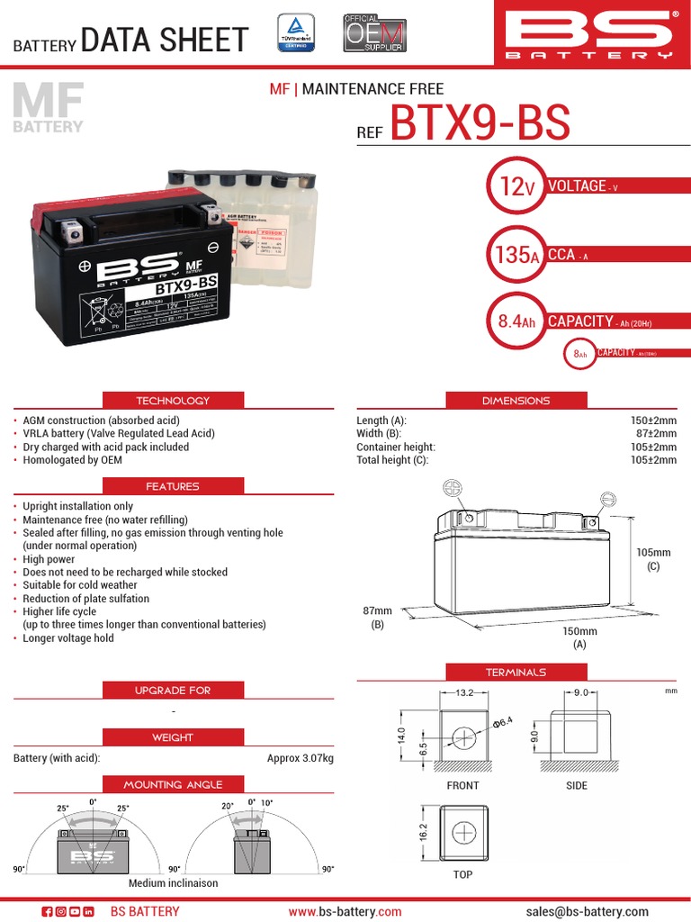 BS Battery BTX9-BS Data Sheet | PDF | Manufactured Goods | Electrical ...