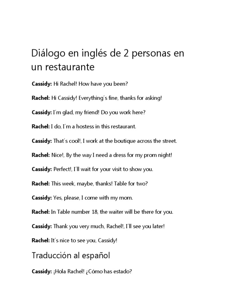 Diálogo en Inglés de 2 Personas en Un Restaurante | PDF | Américas ...