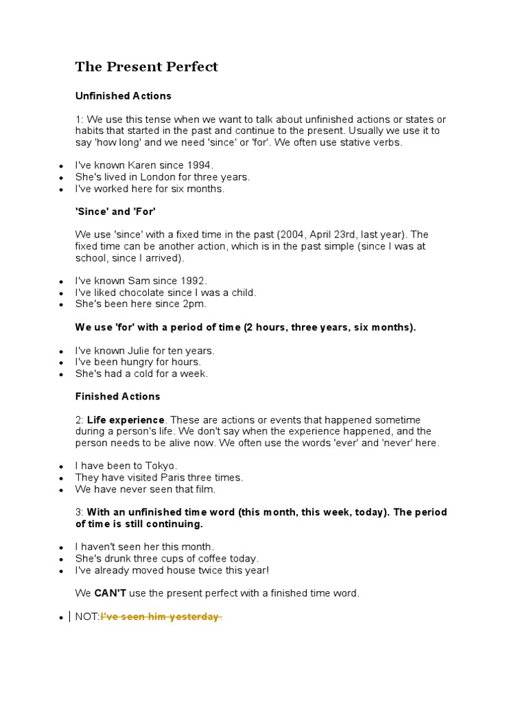 The Present Perfect: Unfinished Actions | PDF | Grammatical Tense ...