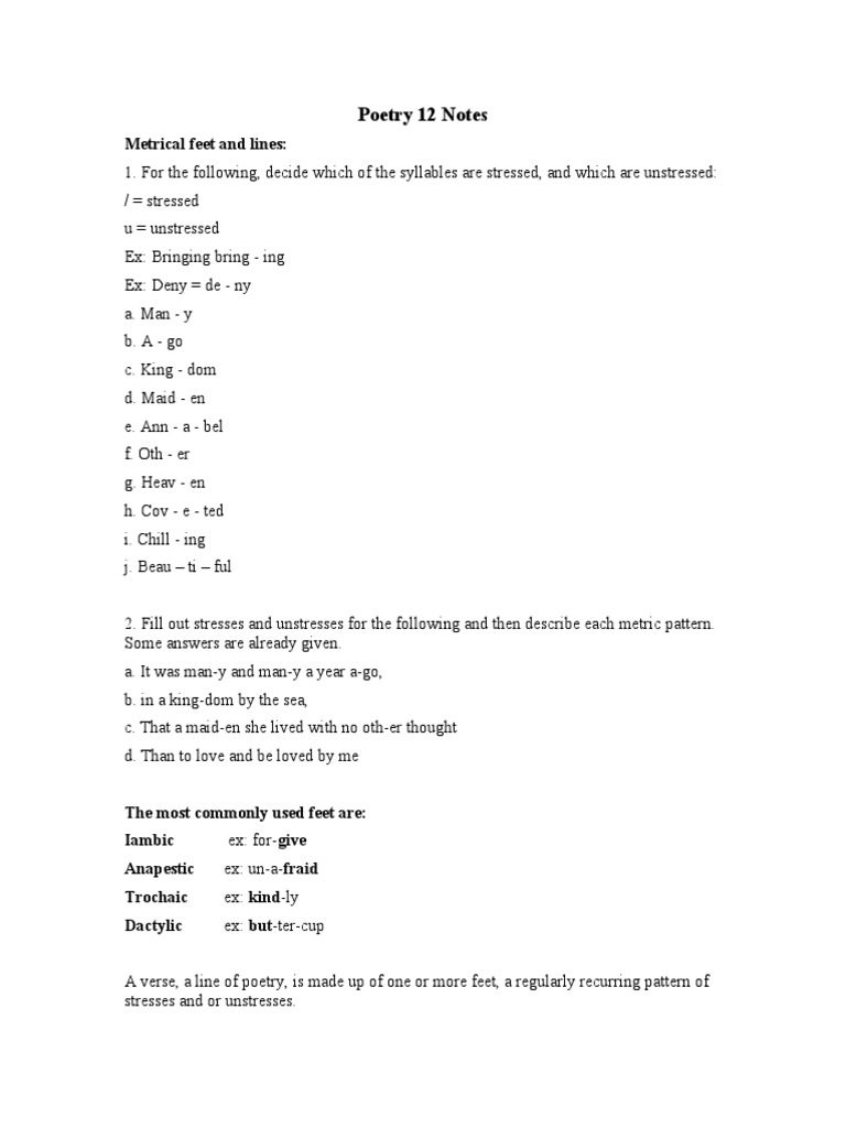 Metric Pattern Notes and Exercises | PDF | Metre (Poetry) | Musical Forms