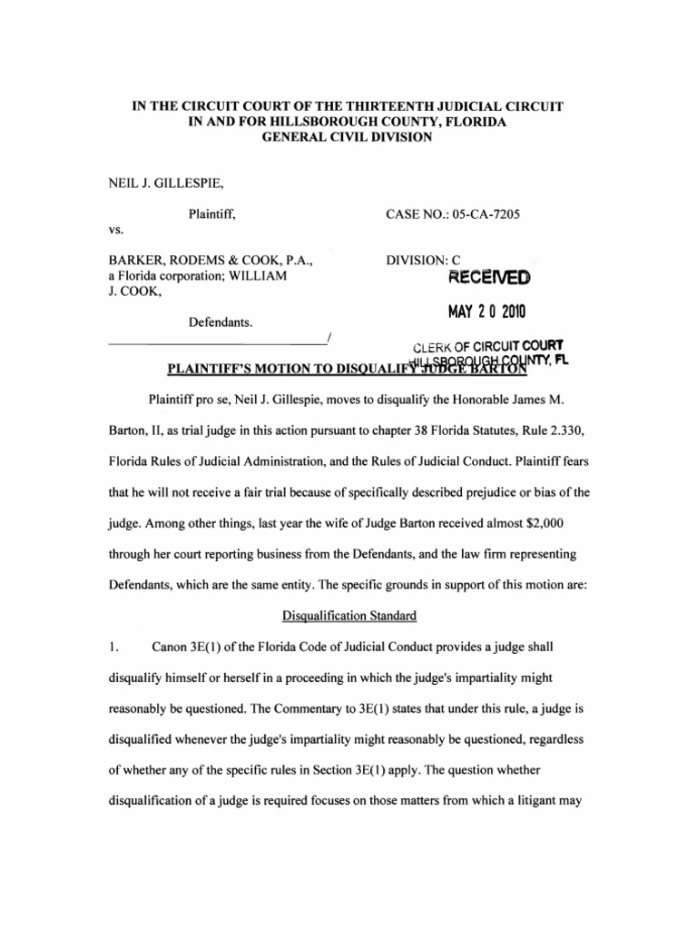 Motion to Disqualify Judge Barton | PDF | Americans With Disabilities ...