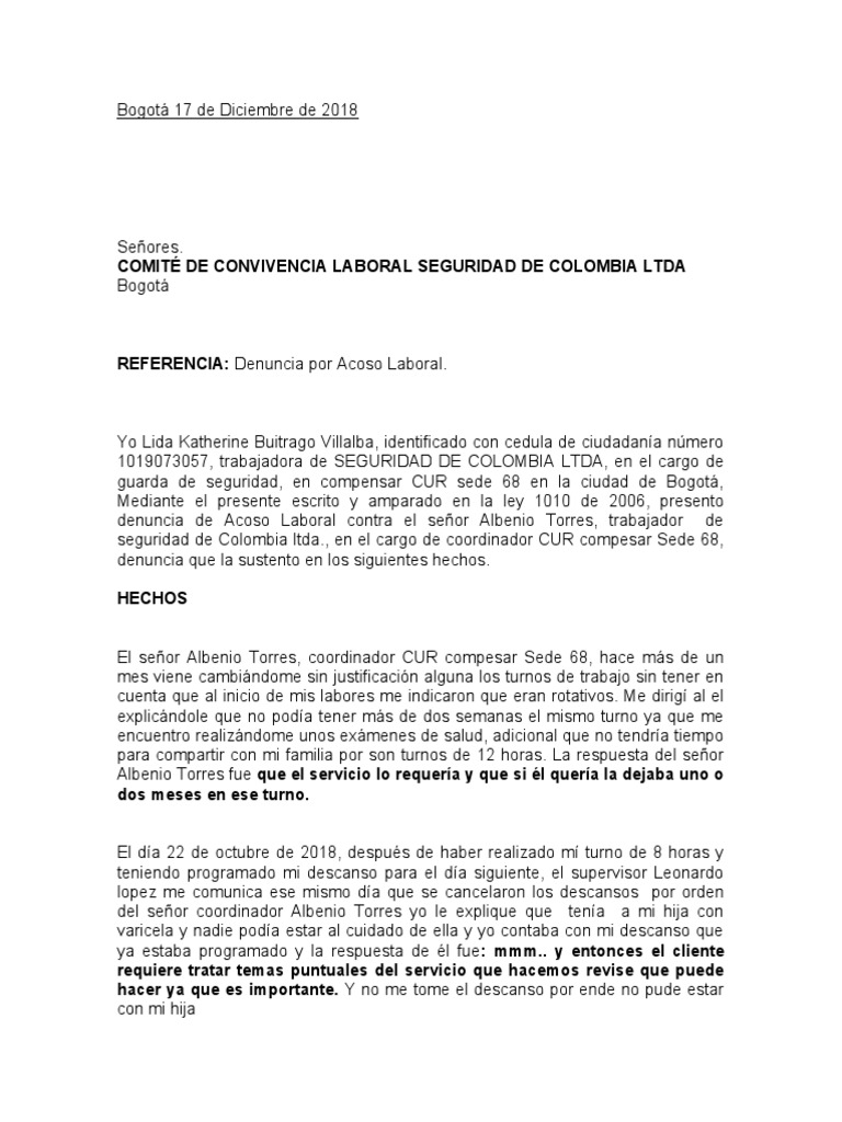 Modelo Denuncia Acoso Laboral 1 Pdf