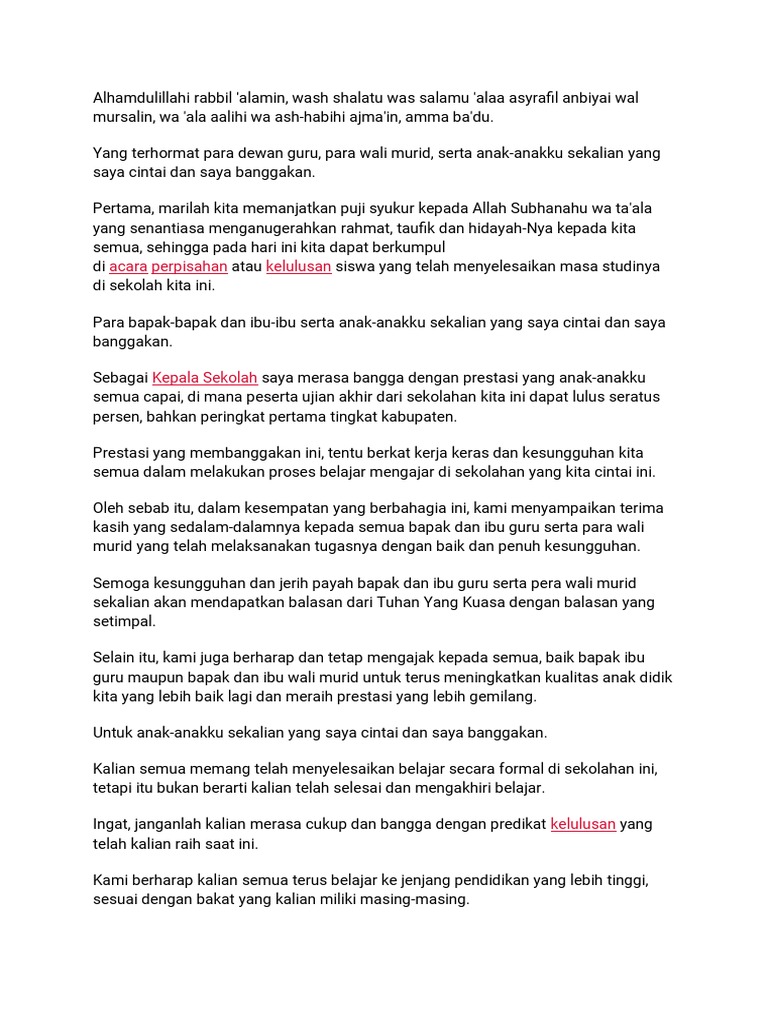 Pidato Perpisahan Kelulusan Siswa | PDF