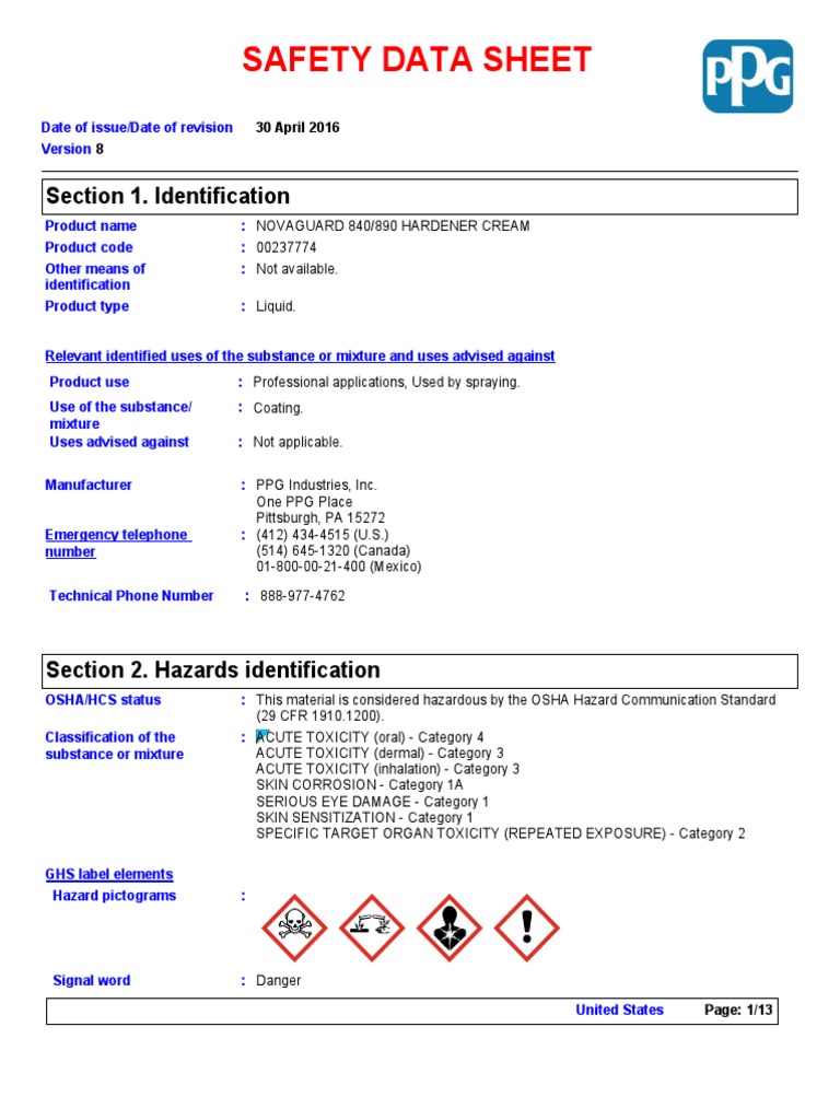 Safety Data Sheet: Section 1. Identification | Download Free PDF ...