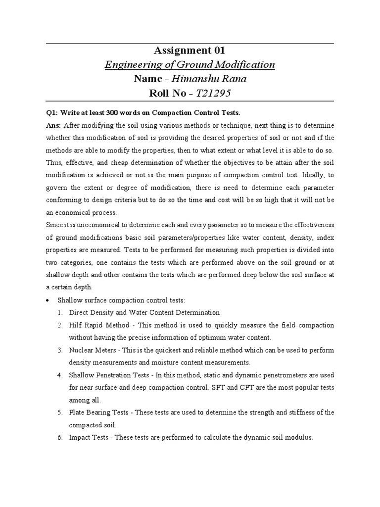 Engineering of Ground Modification: Assignment 01 Name - Himanshu Rana ...