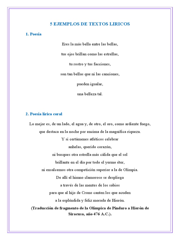 5 EJEMPLOS DE TEXTOS LIRICOS Narrativos y Dramaticos | PDF 5 EJEMPLOS DE TEXTOS LIRICOS Narrativos y Dramaticos | PDF