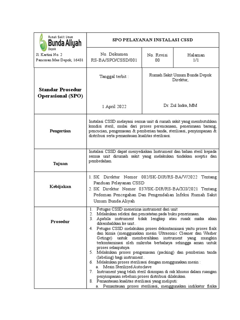 Spo CSSD Baru Nurul | PDF