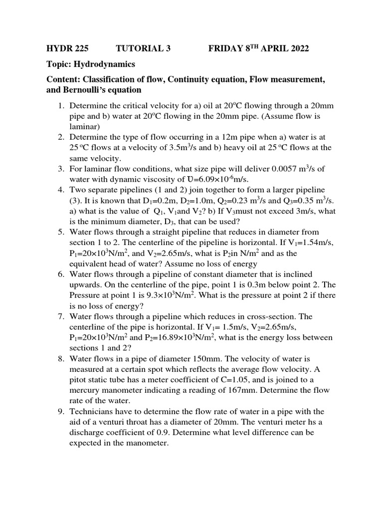 Hydrodynamics Tutorial: Flow Analysis | PDF | Flow Measurement | Fluid Dynamics