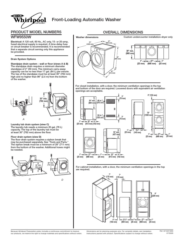 Front-Loading Automatic Washer: Product Model Numbers Overall ...