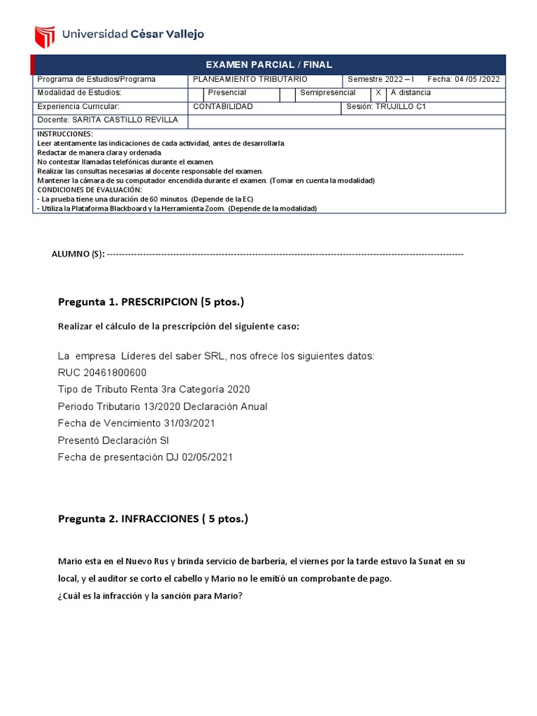 Examen Parcial Planeamiento Seccion C1 | PDF | Prueba (evaluación) | Economias