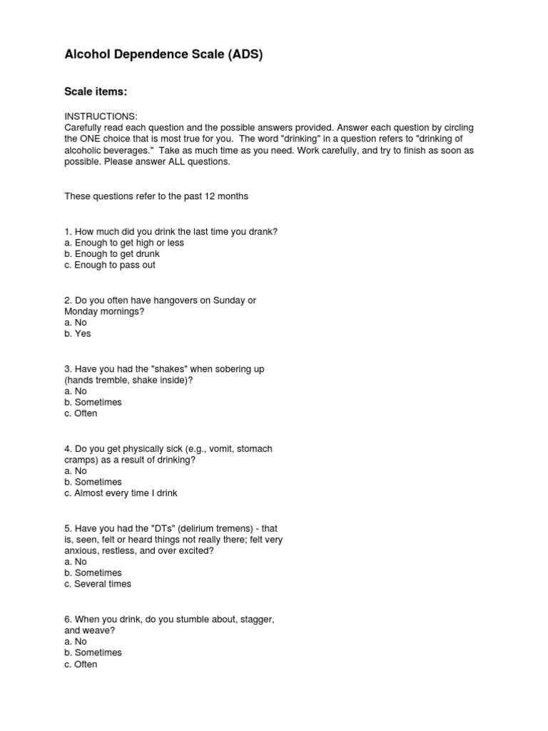 Alcohol-Dependence-Scale ADS | PDF | Alcohol Abuse | Substance Related ... Alcohol-Dependence-Scale ADS | PDF | Alcohol Abuse | Substance Related ...