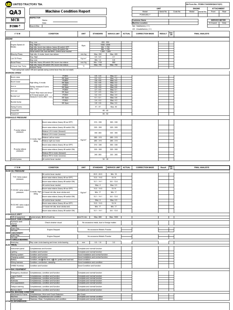 Machine Condition Report MCR: Engine | PDF | Valve | Vehicle Technology