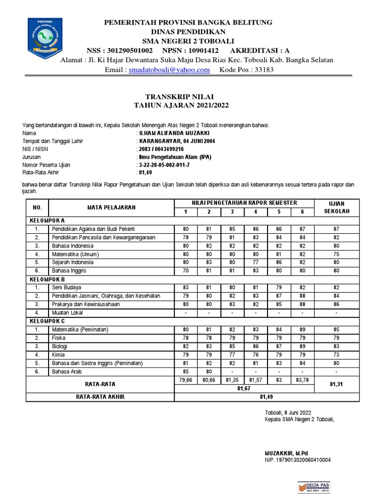 Transkrip Nilai Sekolah-5 | PDF