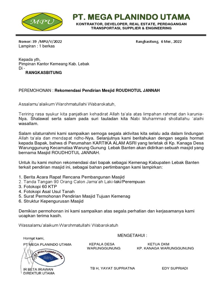 Surat Rekom Kemenag Utk Mesjid | PDF