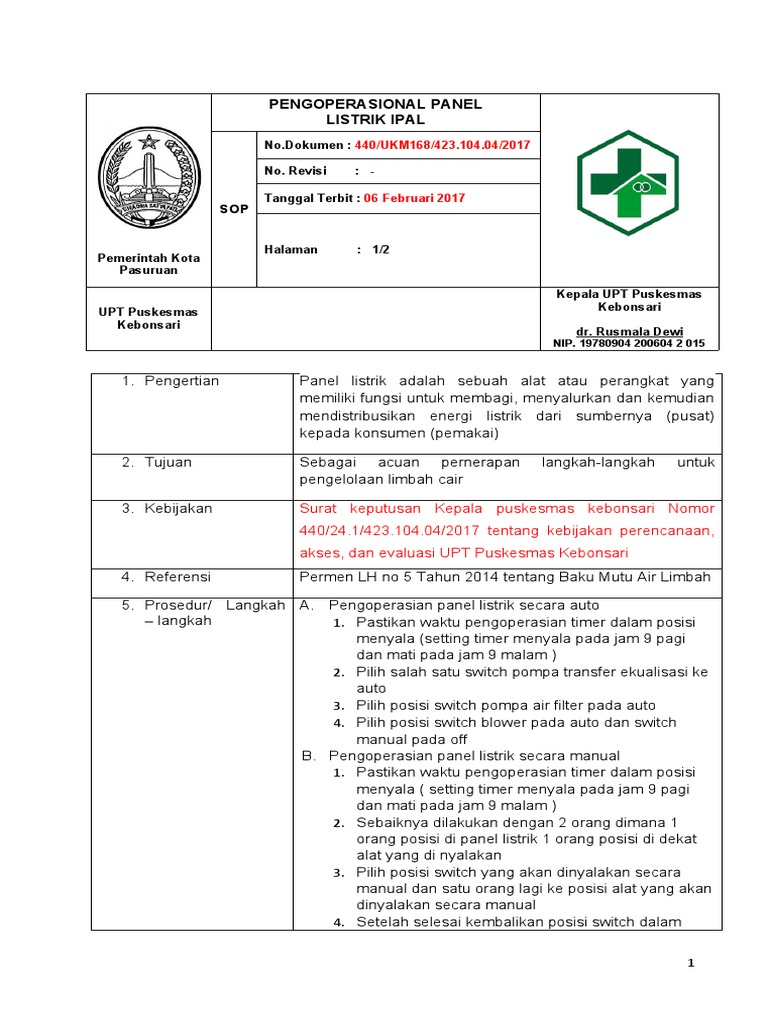 Sop Pengoperasian Panel Listrik Ipal | PDF