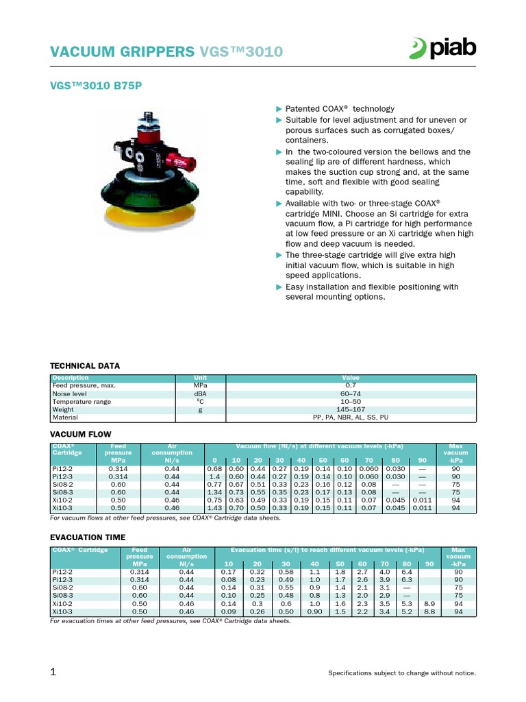 Piab Datasheet Vgs3010 b75p en 2010 | PDF | Vacuum | Lift (Force)