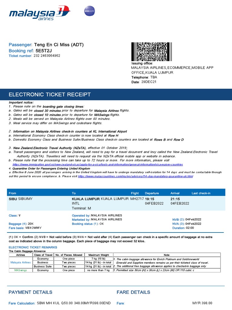 Malaysia Airlines E-Ticket Receipt | PDF | Aviation | Transport