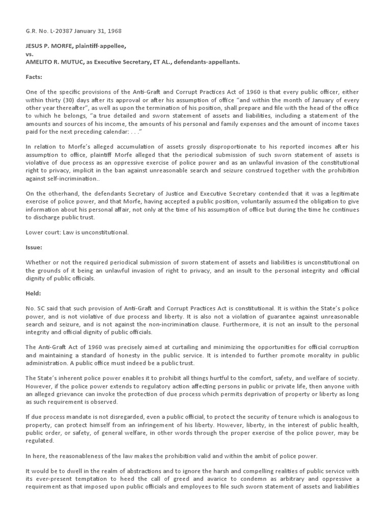 JESUS P. MORFE, Plaintiff-Appellee, vs. AMELITO R. MUTUC, As Executive ...