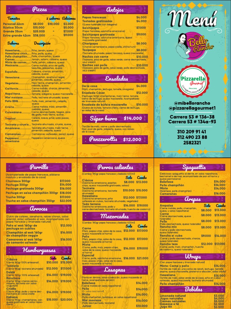 Menú Mi Bello Rancho Pizzeria Gourmet | PDF