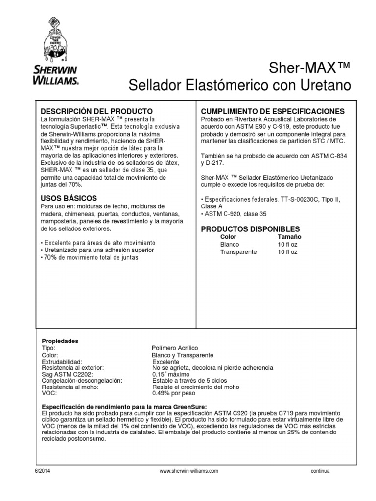 HojaTecnica-SherMax Sellador Elastomérico Con Uretano | PDF | Pintar ...