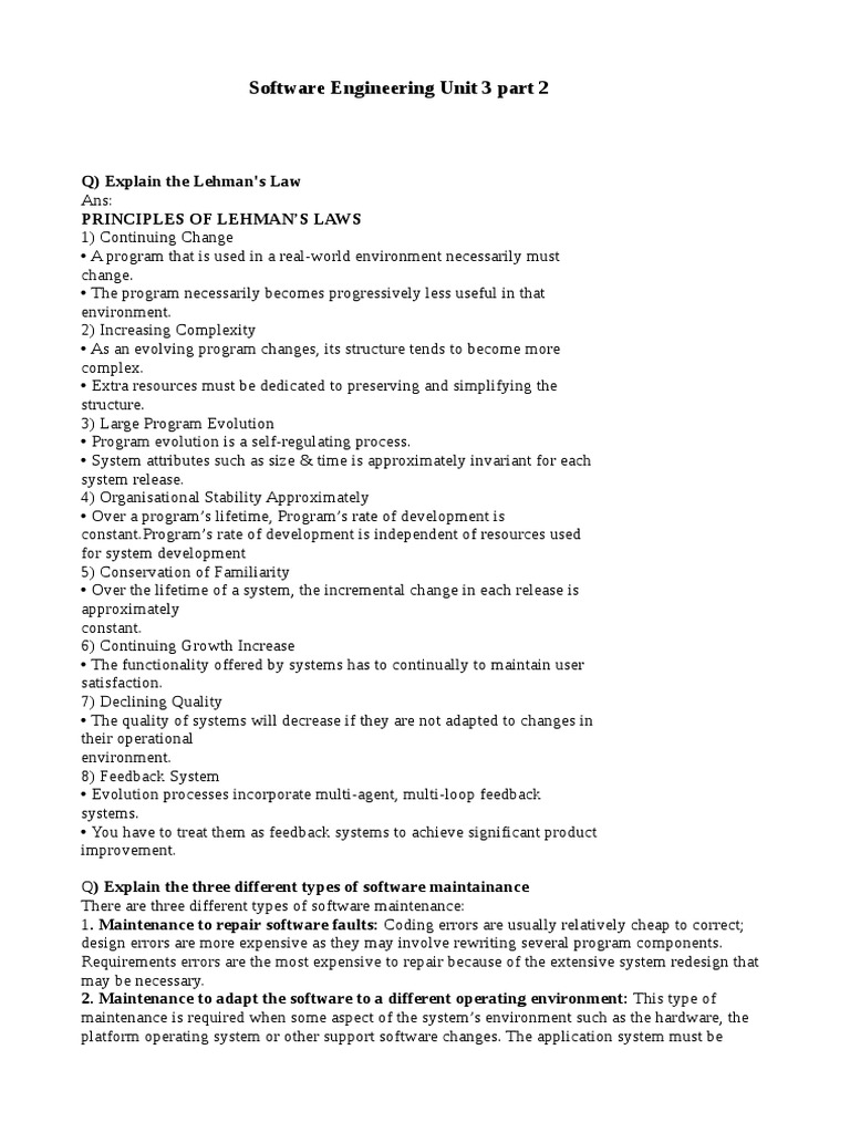 Software Engineering Unit 3 Part 2: Q) Explain The Lehman's Law Principles of Lehman'S Laws ...