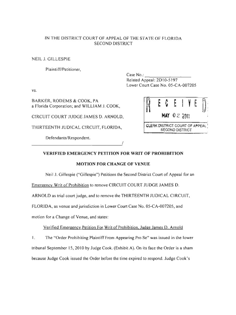 Petition Writ of Prohibition, 2dDCA, Florida 2D11-2127, May-02-2011 | Pro Se Legal ...