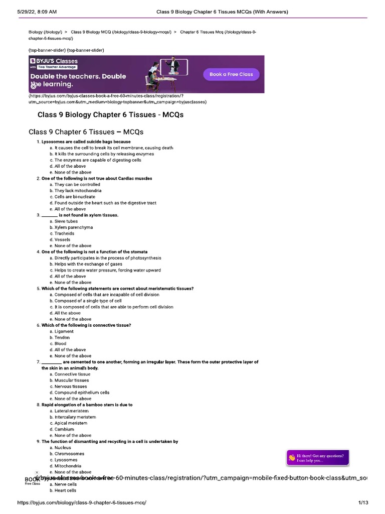 Class 9 Chapter 6 Tissues - MCQs | PDF