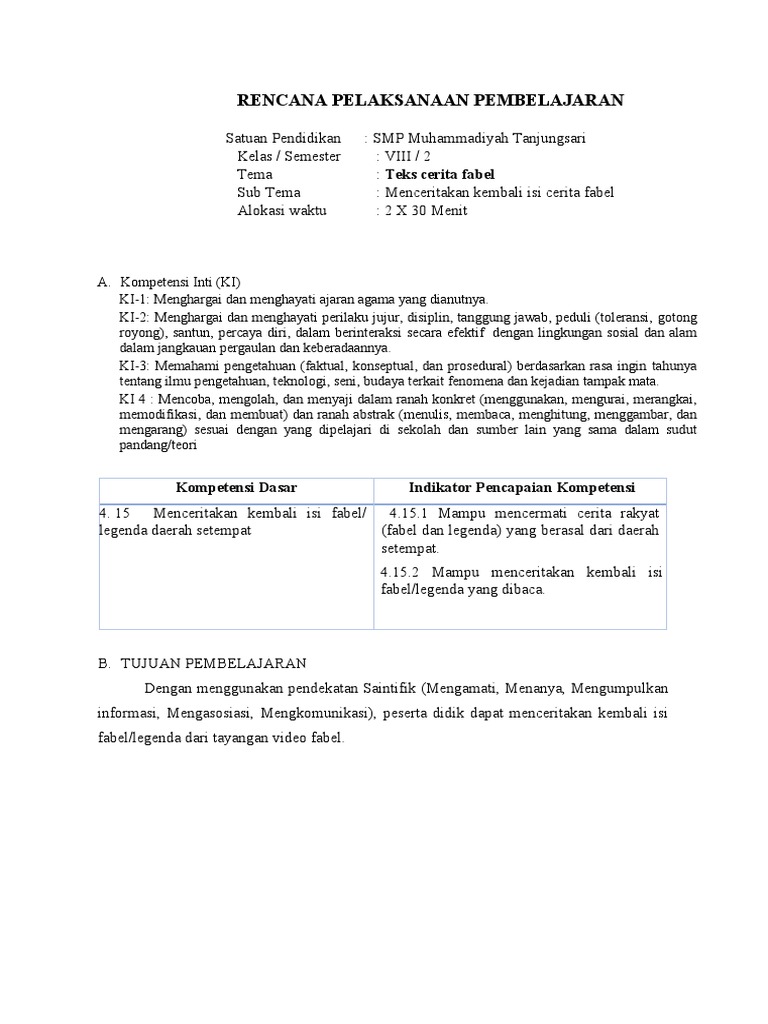 RPP Fabel Kelas 7 Semester 2 | PDF