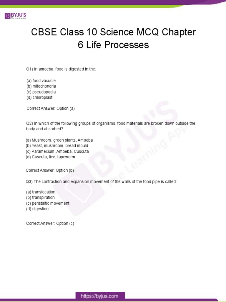 CBSE Class 10 Science MCQ Chapter 6 Life Processes | PDF | Human Body ...