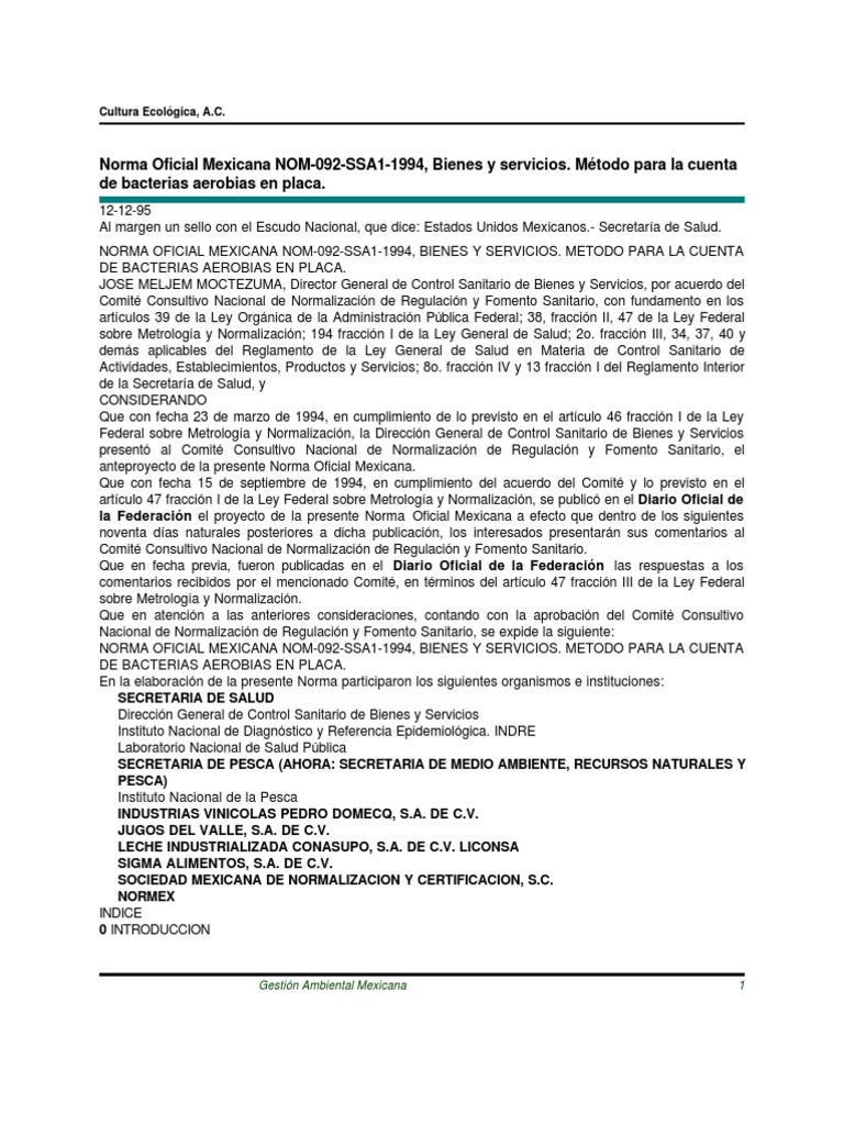 Nom 092 Ssa1 1994 | PDF | México | Microorganismo