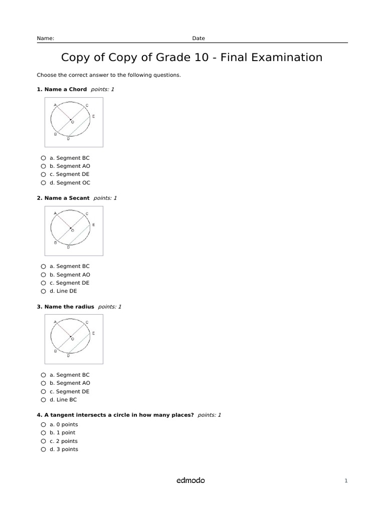 Grade 10 - Final Examination | PDF | Circle | Angle