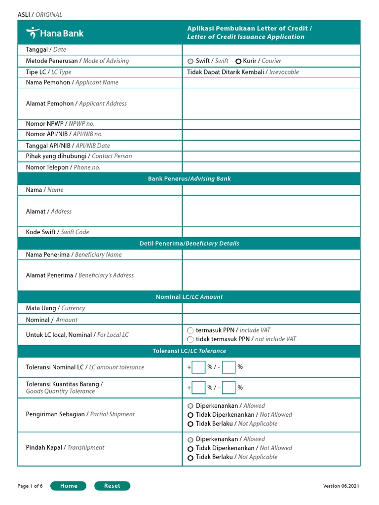 Aplikasi Pembukaan Letter of Credit - LC Issuance Application | PDF