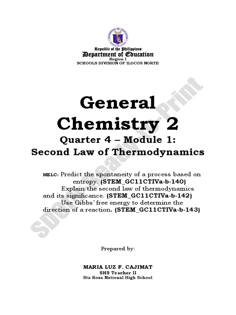 General Chemistry 2: Quarter 4 - Module 1: Second Law of Thermodynamics ...