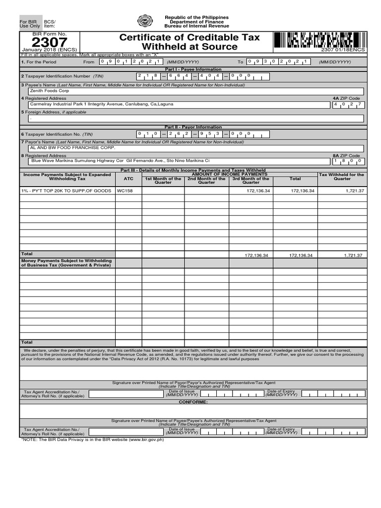 Certificate of Creditable Tax Withheld at Source: BIR Form No | PDF ...