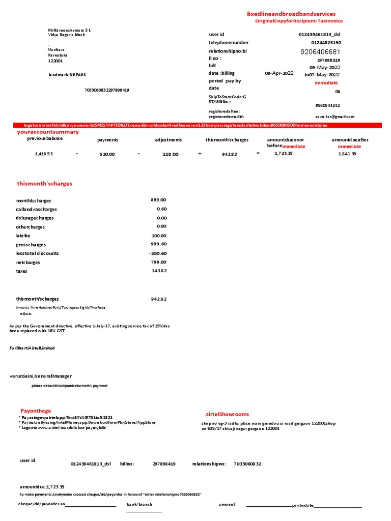 Airtel Postpaid Bill | PDF | Payments | Taxes
