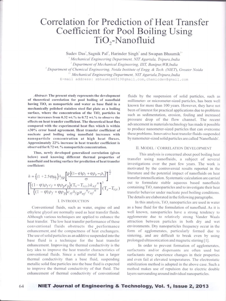 Correlation For Prediction of Heat Transfer Coefficient For Pool Boiling Using TiO2 Nanofluid | PDF