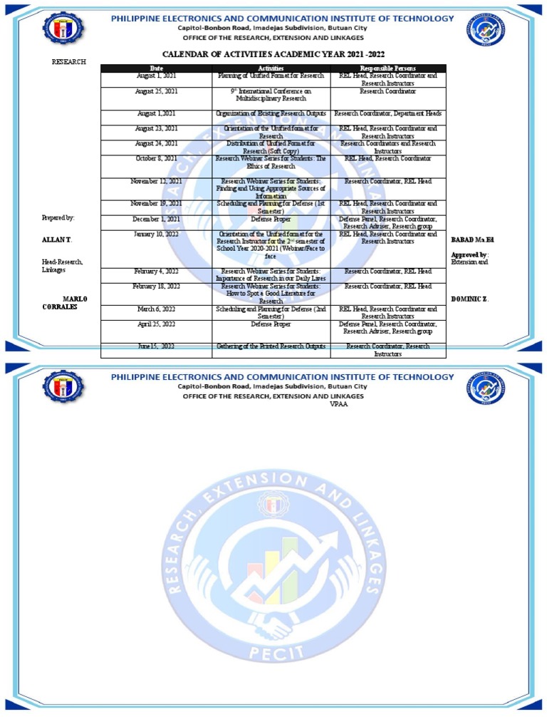 Research Calendar of Activities - 2021 - 2022 | PDF | Cognition