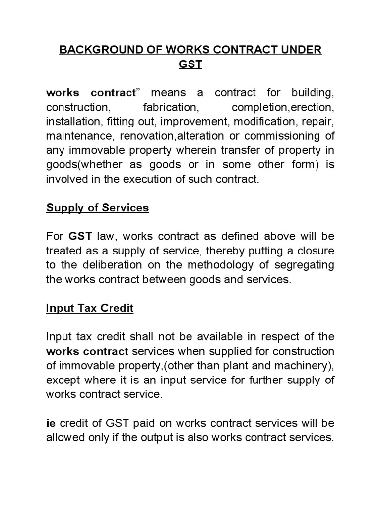 Background of Works Contract Under GST Works Contract" Means A Contract ...